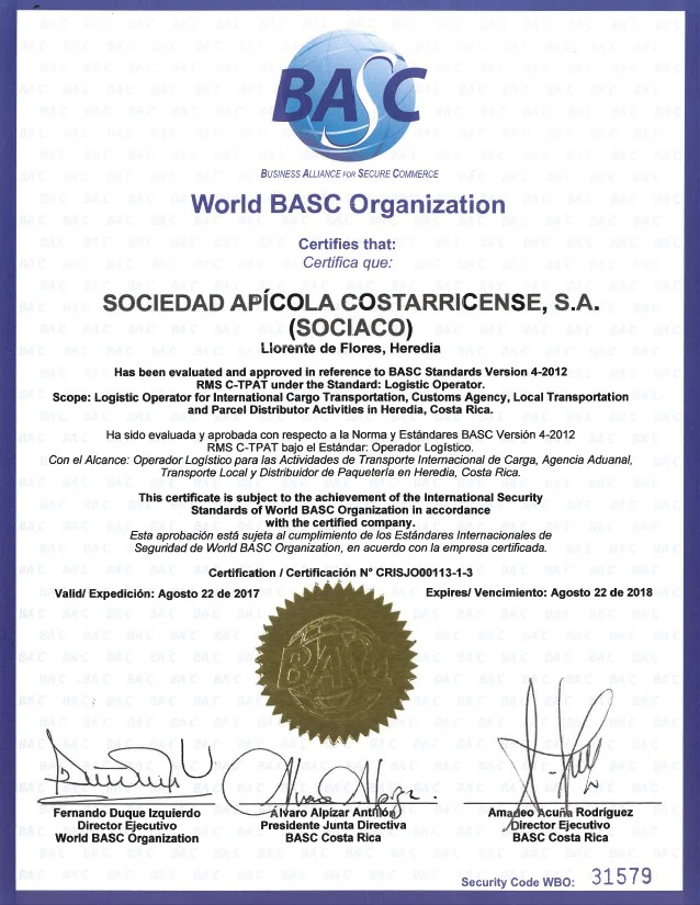 CQR San Jose awarded BASC certificate.